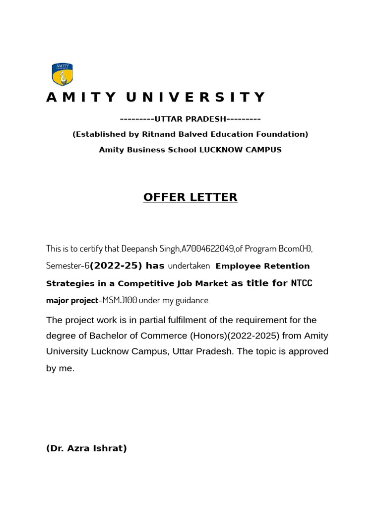Amity University Offer Letter Sample | PDF