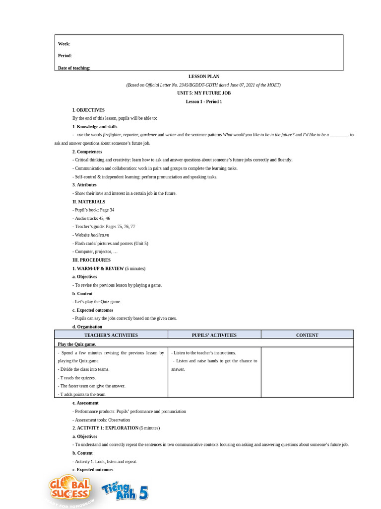 Future Job Lesson Plan for Students | PDF | Question | Lesson Plan