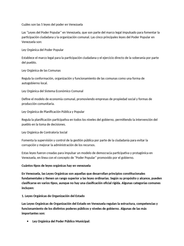 5 Leyes del Poder Popular en Venezuela | PDF | Judicaturas | Ejecutivo ...