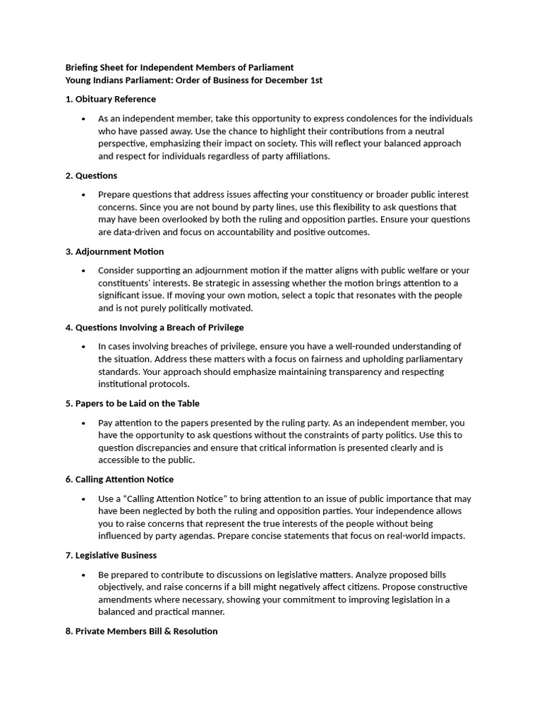 Briefing Sheet For Independent Members of Parliament | PDF | Bill (Law ...