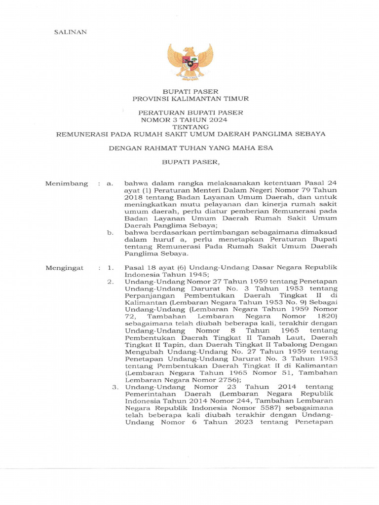 Perbup Nomor 3 Tahun 2024 Tentang Remunerasi Pada Rumah Sakit Umum ...