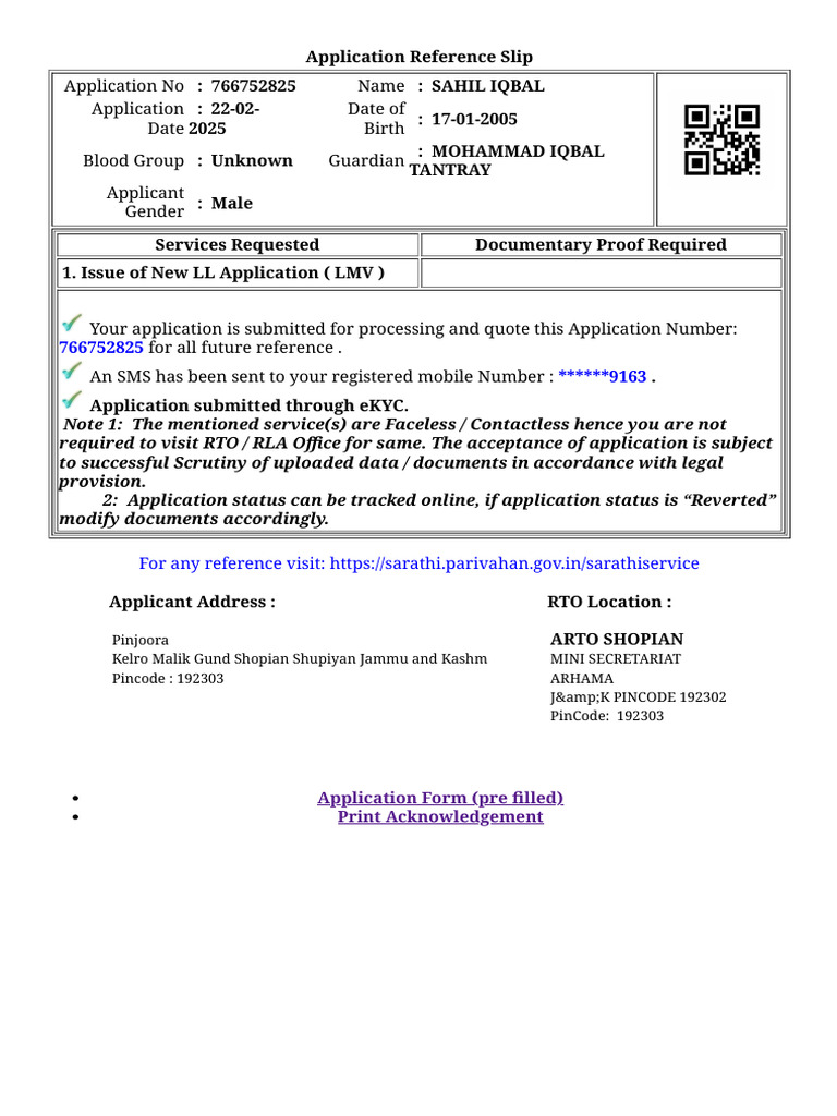 New LL Application Reference Slip | PDF