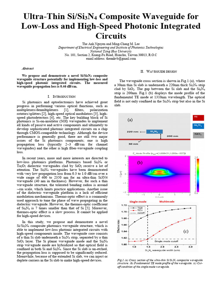 Ultra-Thin Si Si3N4 Composite Waveguide For Low-Loss and High-Speed Photonic Integrated Circuits ...