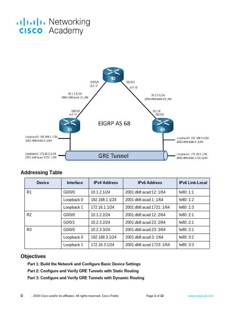 19.1.2 Lab - Implement A GRE Tunnel | PDF | I Pv6 | Ip Address