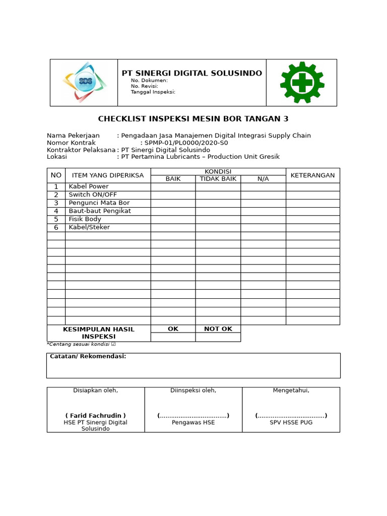 FORM INSPEKSI MESIN BOR 2 | PDF