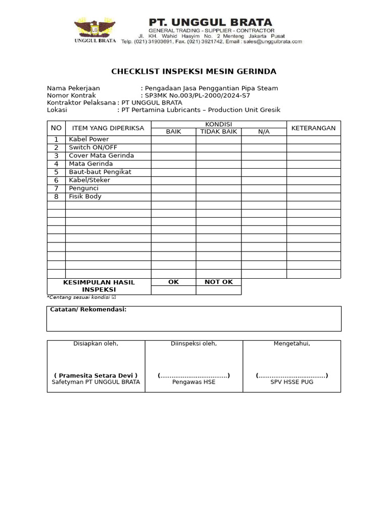 FORM INSPEKSI MESIN GERINDA 2 | PDF