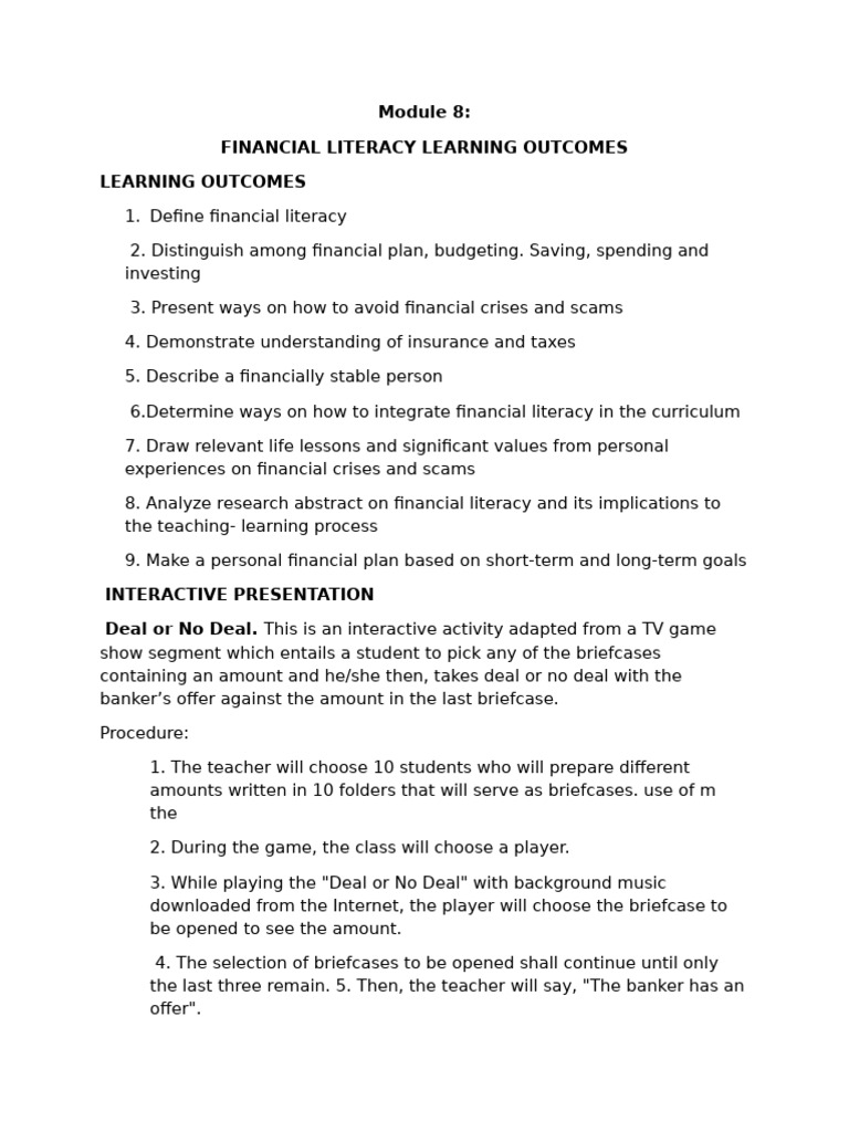 Module 8 Financial Literacy Learning Outcomes | PDF | Investing ...
