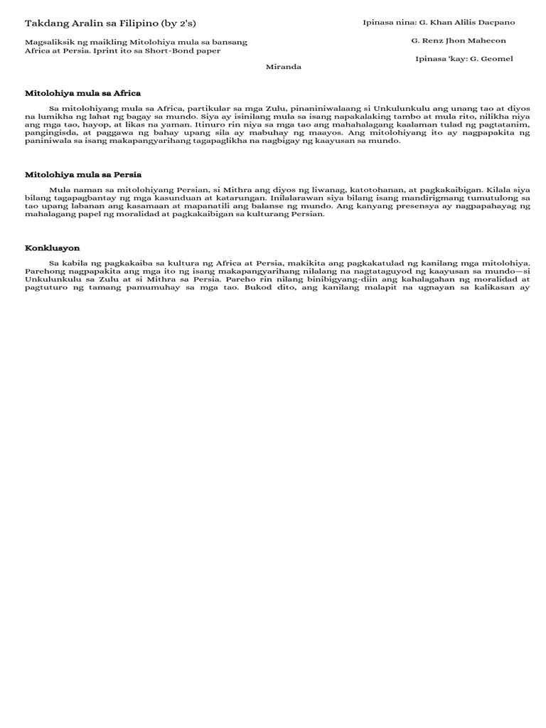 Filipino Assignment_ Mythology | PDF