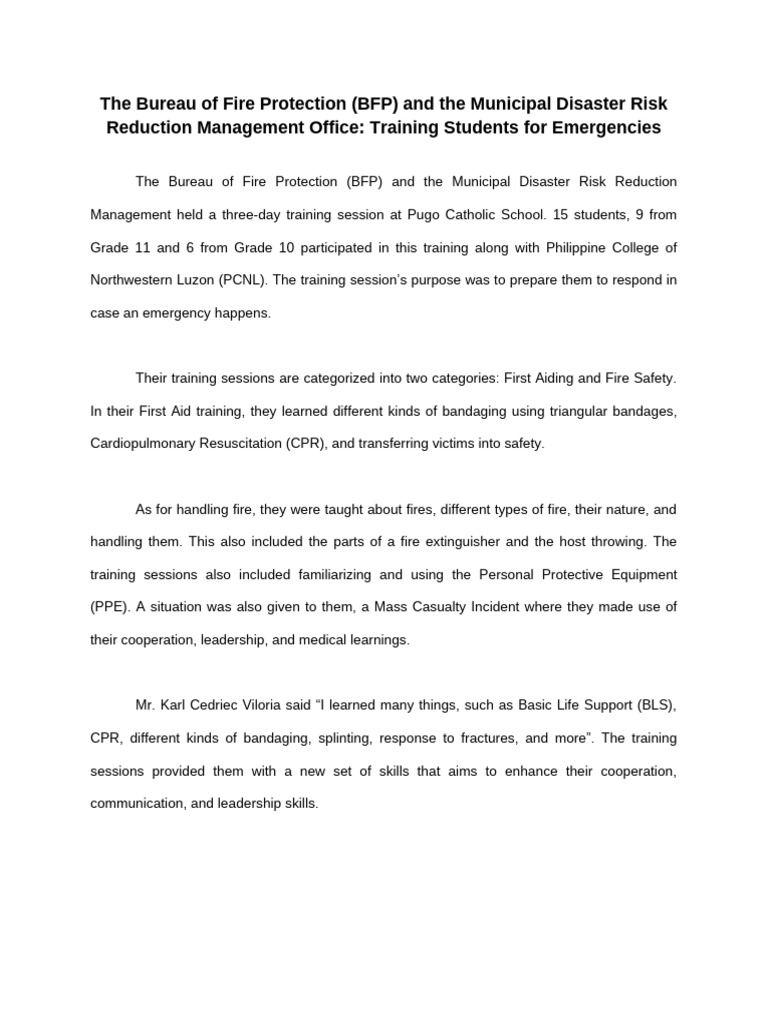 BFP Training for Student Emergency Response | PDF