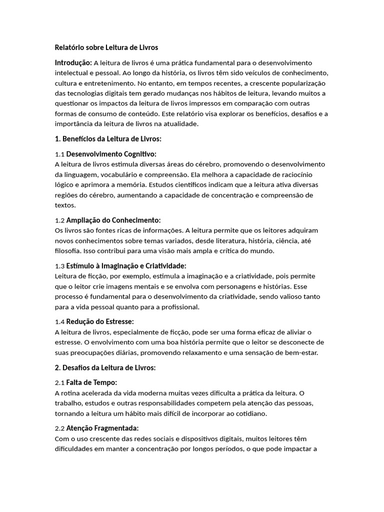 Relatório Sobre Leitura de Livros | PDF | Livros | Criatividade