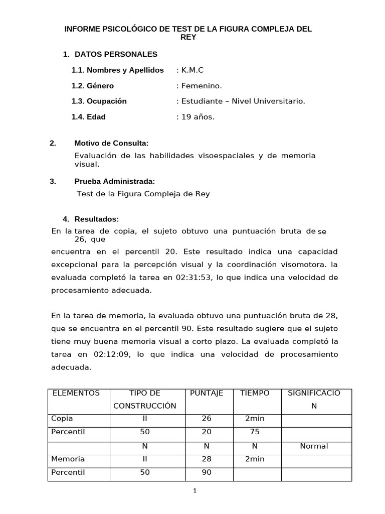 Informe Psicologico de Test de La Figura Compleja Del Rey | PDF ...
