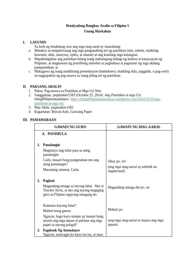 Detailed Lesson Plan in Filipino 5 | PDF
