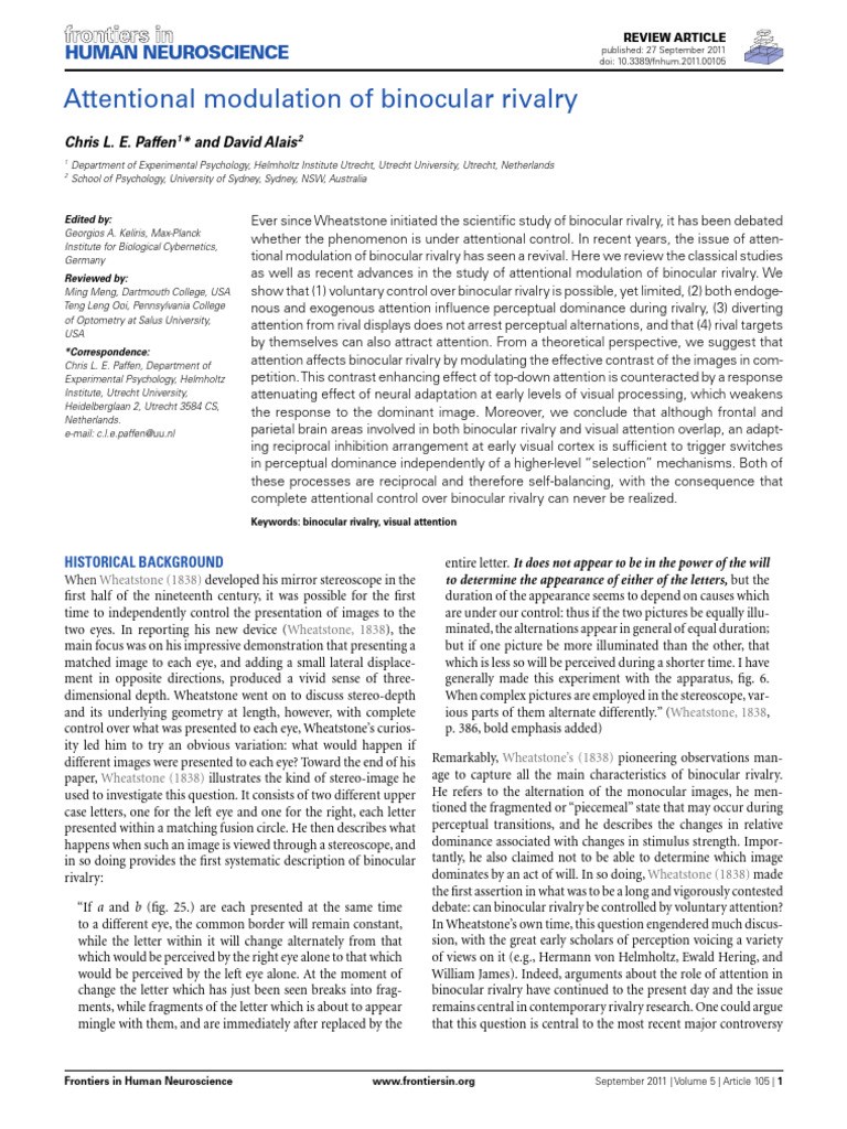 Paffen & Alain (2011) Attentional Modulation of Binocular Rivalry | PDF | Attention | Visual Cortex