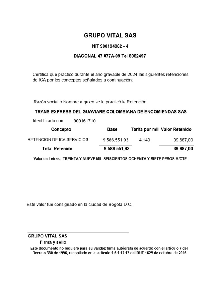 Certificado retencion de ica Transexpress | PDF