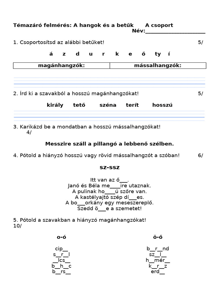 Témazáró Felmérés-A Hangok És A Betűk | PDF