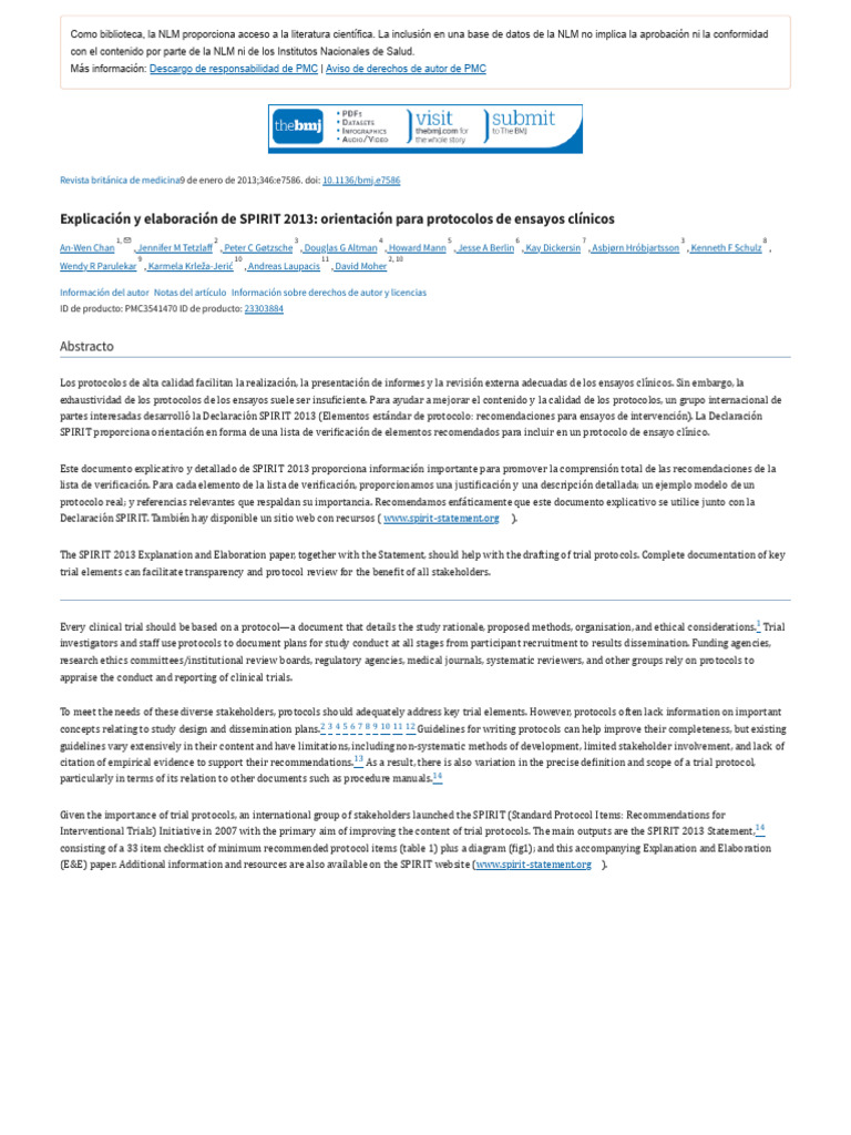 Explicación y Desarrollo de SPIRIT 2013 - Guía para Protocolos de Ensayos Clínicos - PMC-1-3 ...