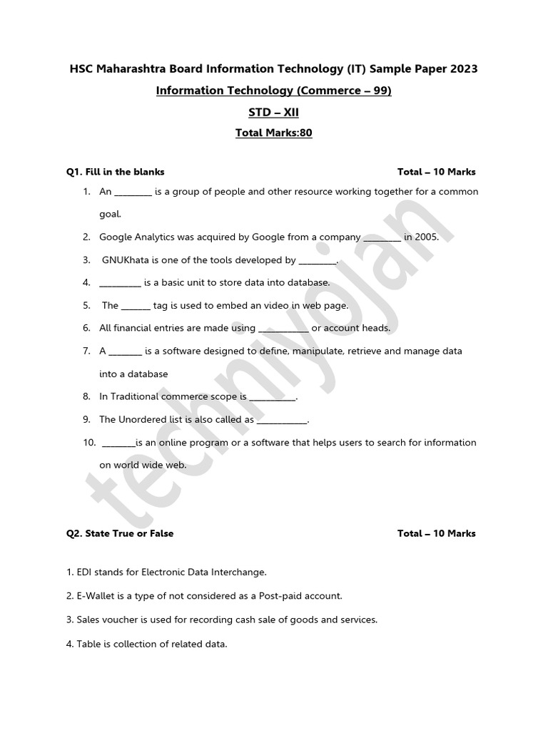 HSC Information Technology Class 12 Commerce Sample Paper 2023 | PDF ...