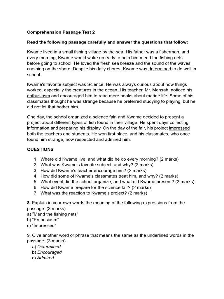 Comprehension Passage Test 2 | PDF