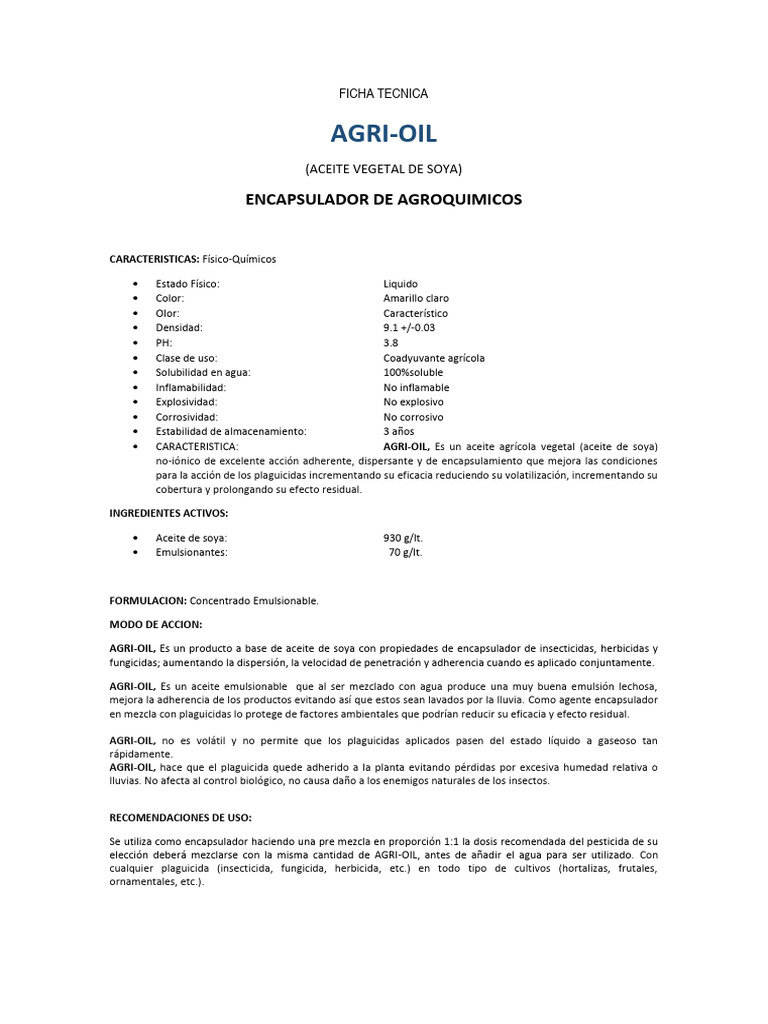Ficha Técnica de Agri-Oil | PDF | Pesticida | Emulsión