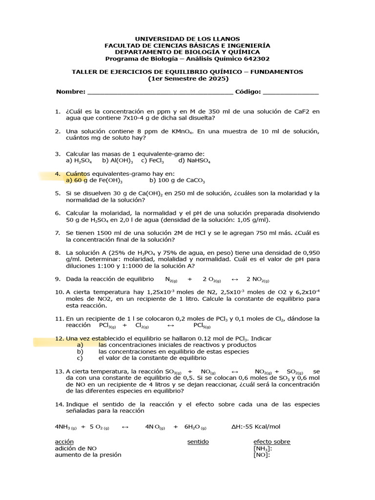 Taller Ejercicios Equilibrio Químico - Fundamentos | PDF | Concentración | Química