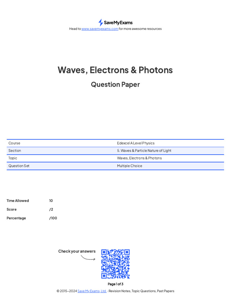 Waves, Electrons & Photons MCQ | PDF | Wavelength | Waves