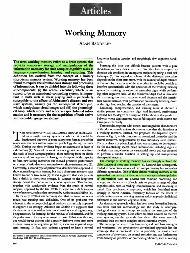 Baddeley, Alan. 1992. Working Memory | PDF | Working Memory | Memory
