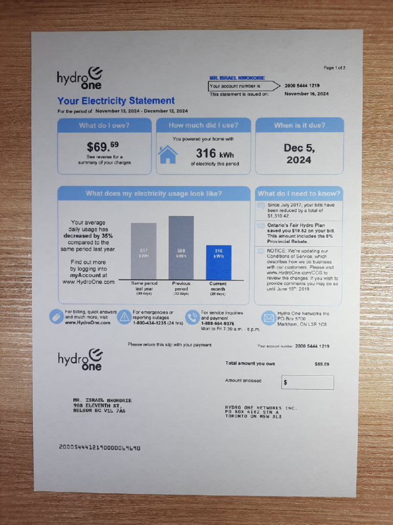 Hydro One Utility Bill NOV DEC | PDF