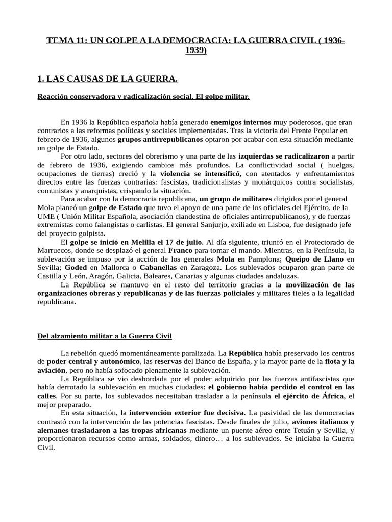 Resumen Tema 11 | PDF | guerra civil Española | Francisco franco