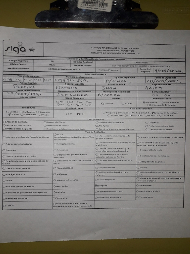 Ficha Jhon Pereira | PDF