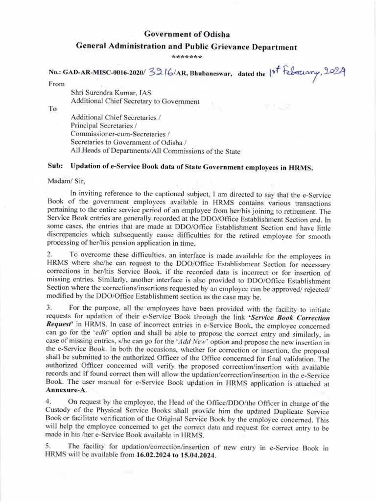 3216 010224 Updation of EService Book Data of State Govt Employe | PDF ...