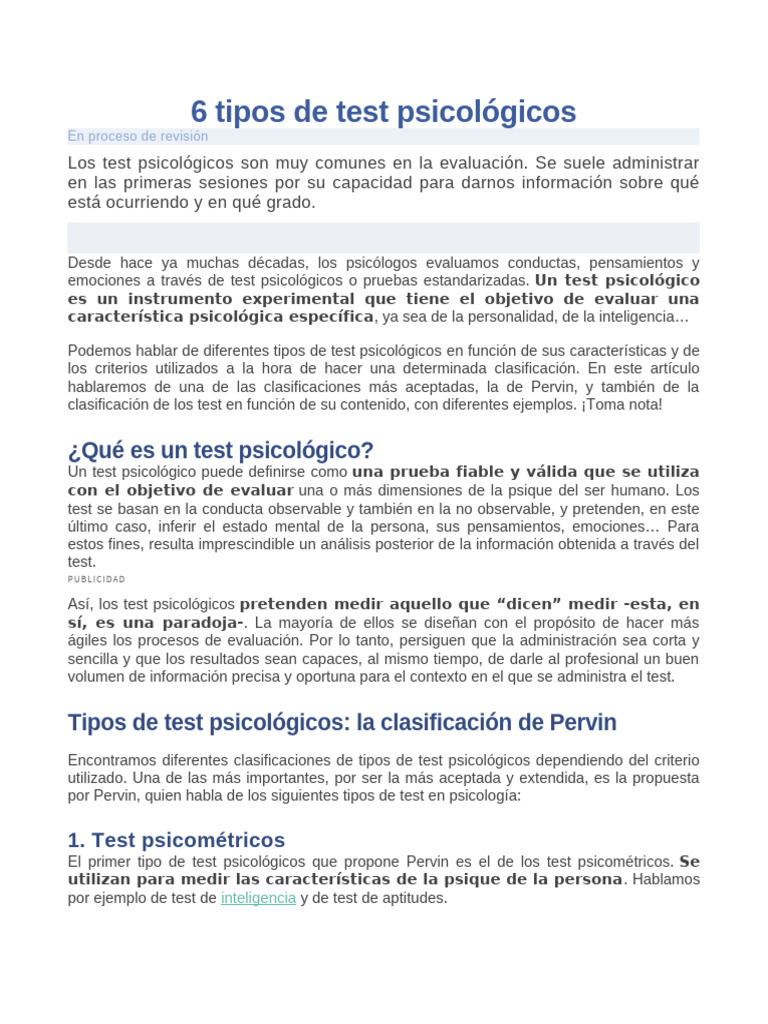 6 Tipos de Test Psicológicos | PDF | Sicología | Inteligencia