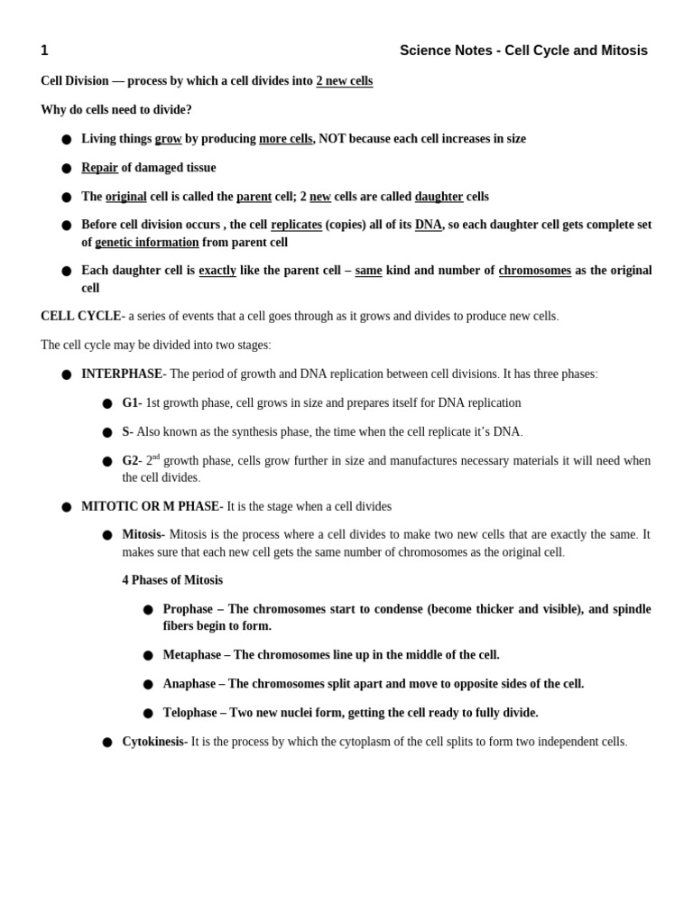 Science Notes - M2 Part 1 Cell Cycle and Mitosis | PDF