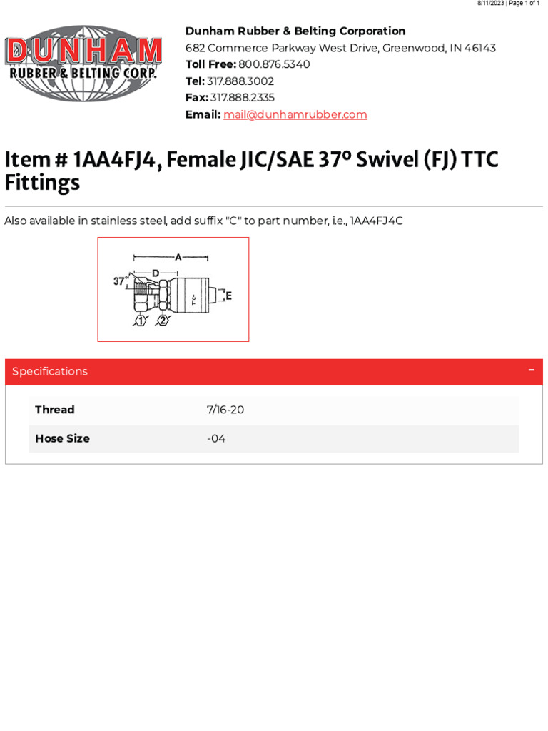 1AA4FJ4-FemaleJICSAE37ºSwivel(FJ)TTCFittings | PDF