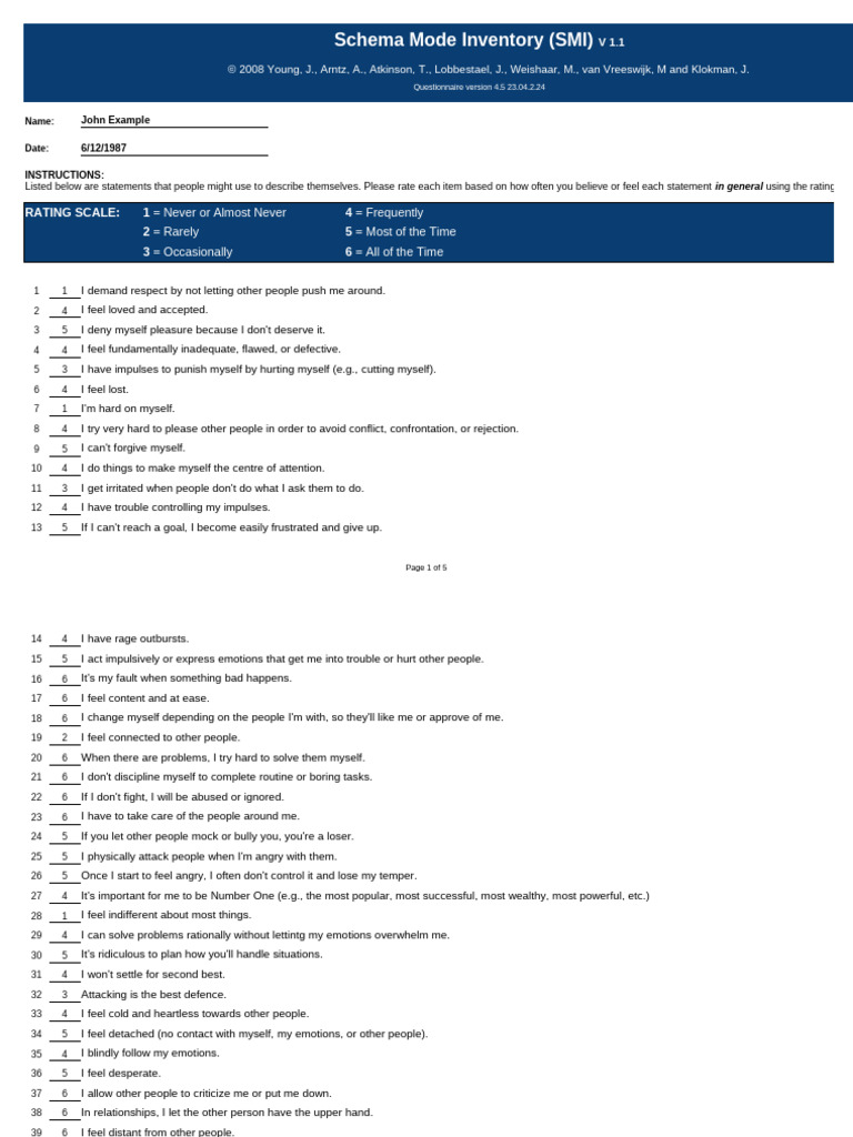 Schema Mode Inventory Questionnaire | PDF | Feeling | Anger