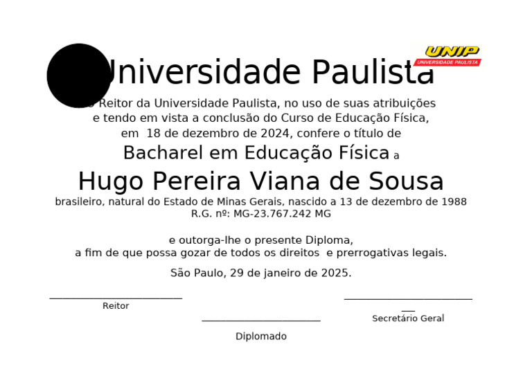 DIPLOMA UNIP FORMATO A4 MATRIZ Hugo Pereira Viana de Sousa Educação ...