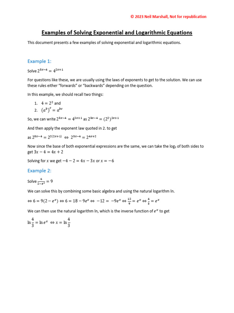 Solving Exponential & Logarithmic Equations | PDF | Exponential ...