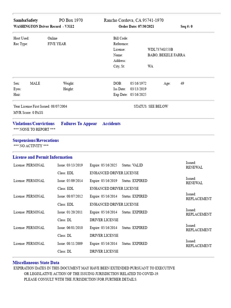Washington Driver Record Summary | PDF | Driver's License | Justice