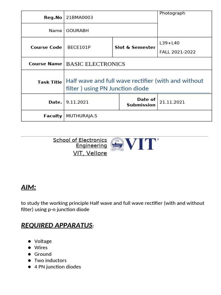 Half Wave and Full Wave Rectifier (With and Without Filter) Using PN Junction Diode | PDF ...