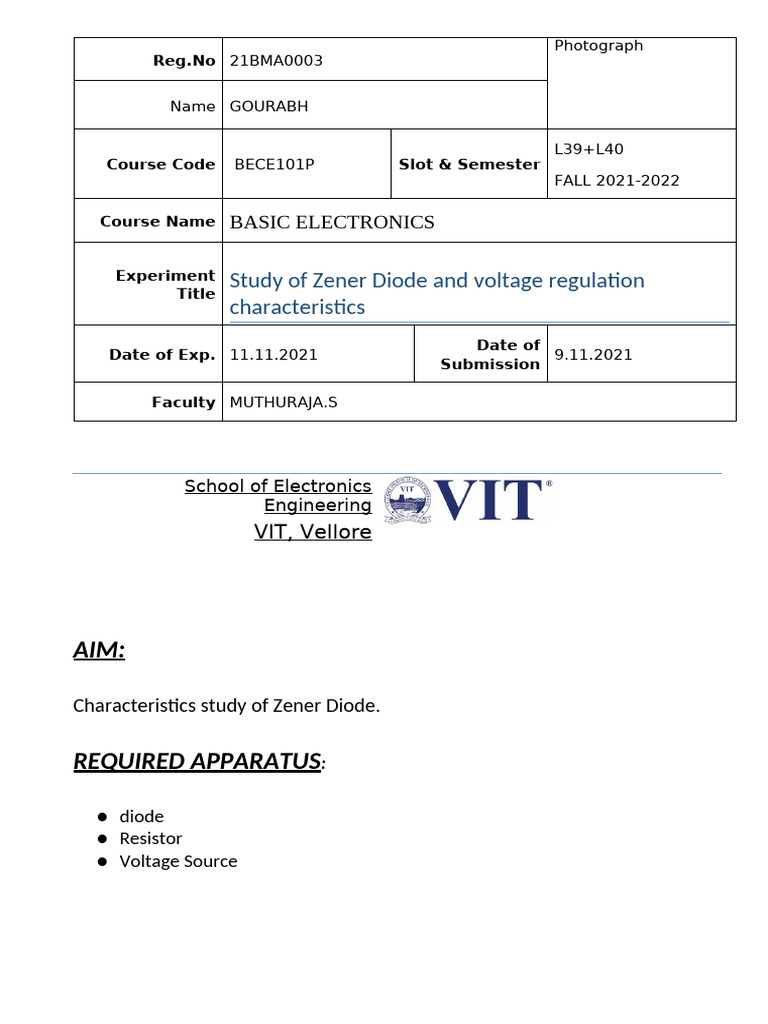 Study of Zener Diode and Voltage Regulation Characteristics | PDF ...