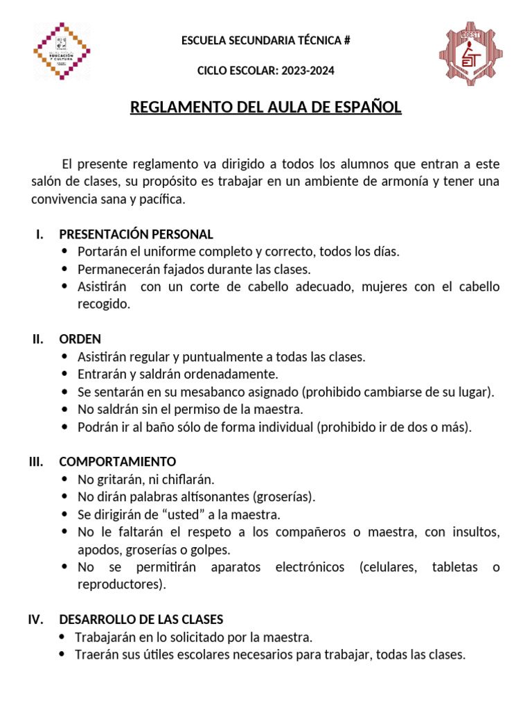 Reglamento Del Aula | PDF