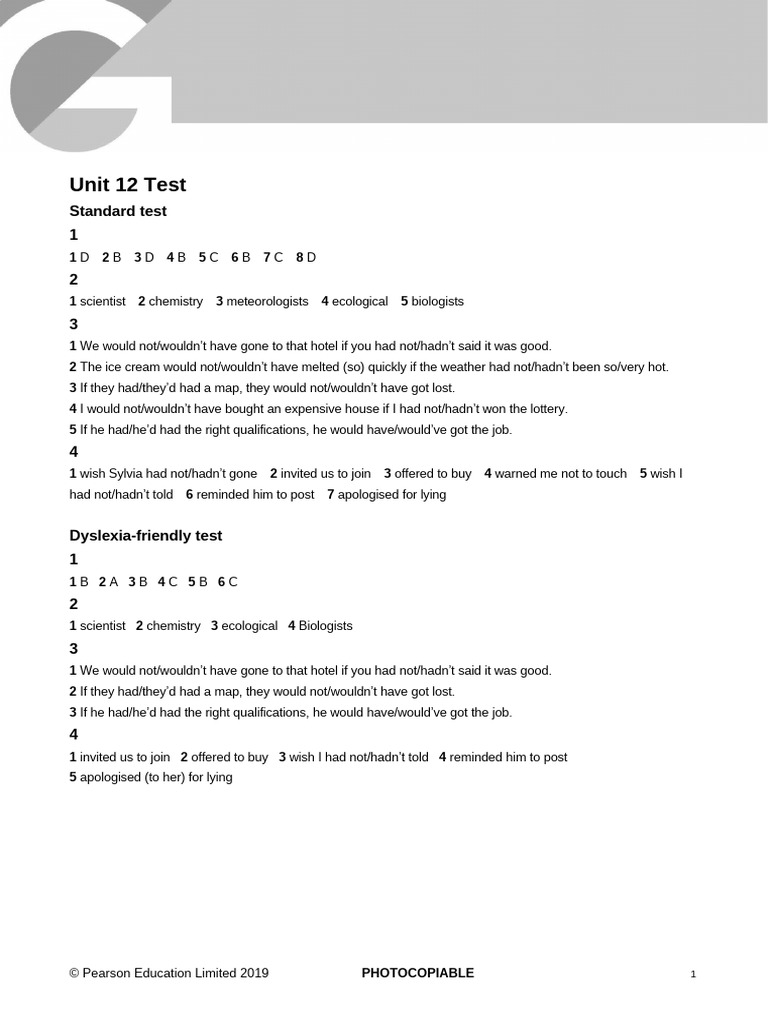 B1+ Pre-First Unit 12 Test Answer Key | PDF