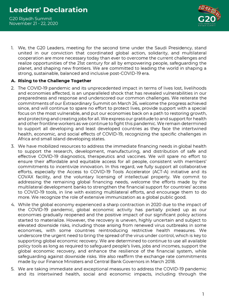 G20 Leaders' Declaration on COVID-19 Response | PDF | Sustainability ...