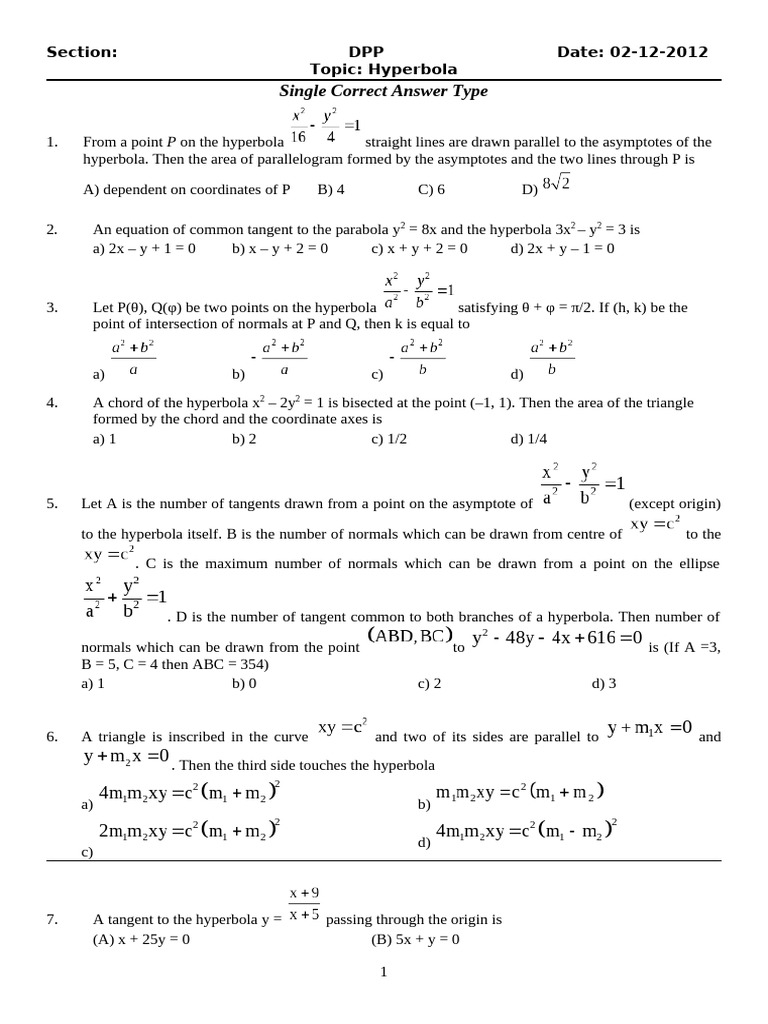 Hyperbola DPP 02-12-12 With Key | PDF | Elementary Mathematics ...
