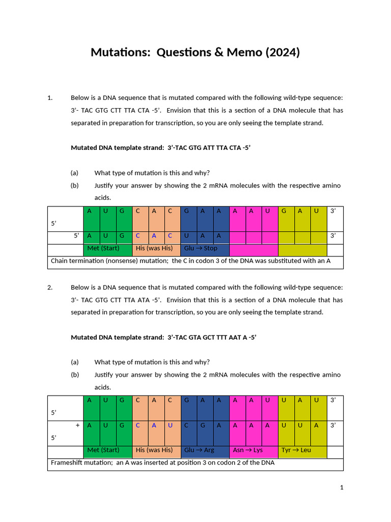 Mutations Questions and Memo For 2024 | PDF | Genetic Code | Dna