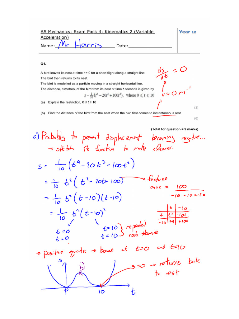 5. Kinematics 2 (Variable Acceleration) Exam Pack Model Solutions | PDF