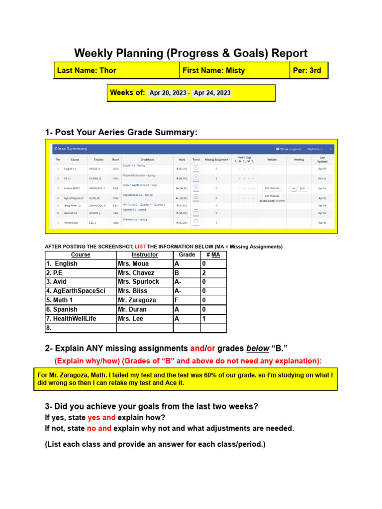 Spurlock - Weekly Planning - Progress Report - Template | PDF