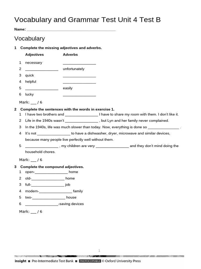 Vocabulary + Grammar Unit 4 Test B | PDF | Adverb | Linguistic Typology