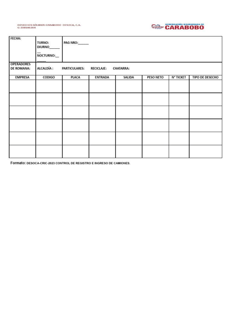 Formulario Control de Registro e Ingreso de Camiones. | PDF
