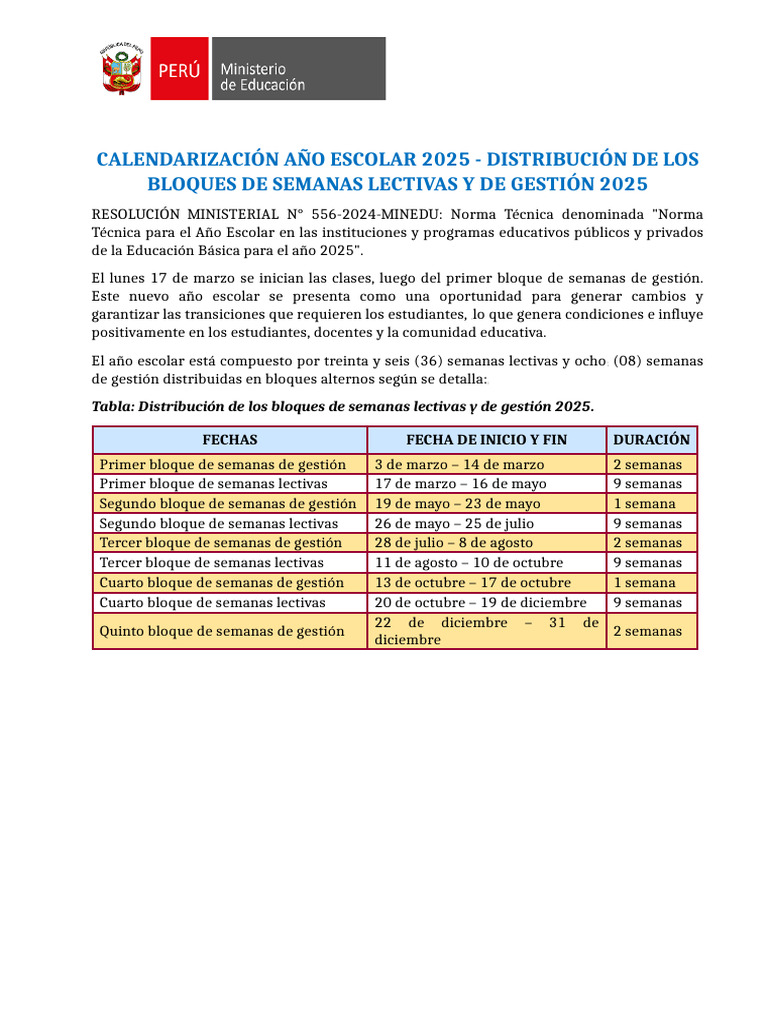 CALENDARIZACION DEL AÑO ESCOLAR 2025 | PDF