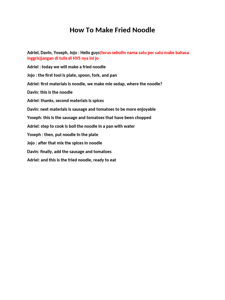 Dialogue Procedure - How To Make Fried Noodle | PDF
